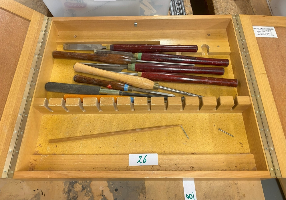 ITEM 26. Tasmanian Oak Wall mounted Tool storage cupboard & Lathe tools ...